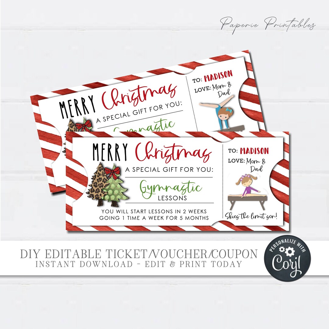 Editable Gymnastics Lessons Christmas Coupon: Stocking Stuffer (digital ...