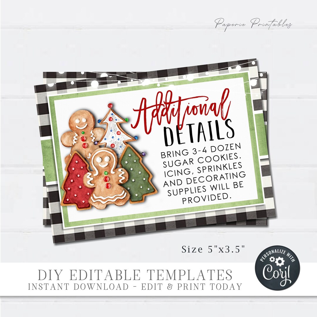 Editable Cookie Decorating Party, Additional Details Cards, Christmas ...