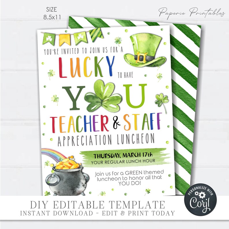 Editable St. Patrick's Day Teacher Appreciation Luncheon Flyer (DIY W ...