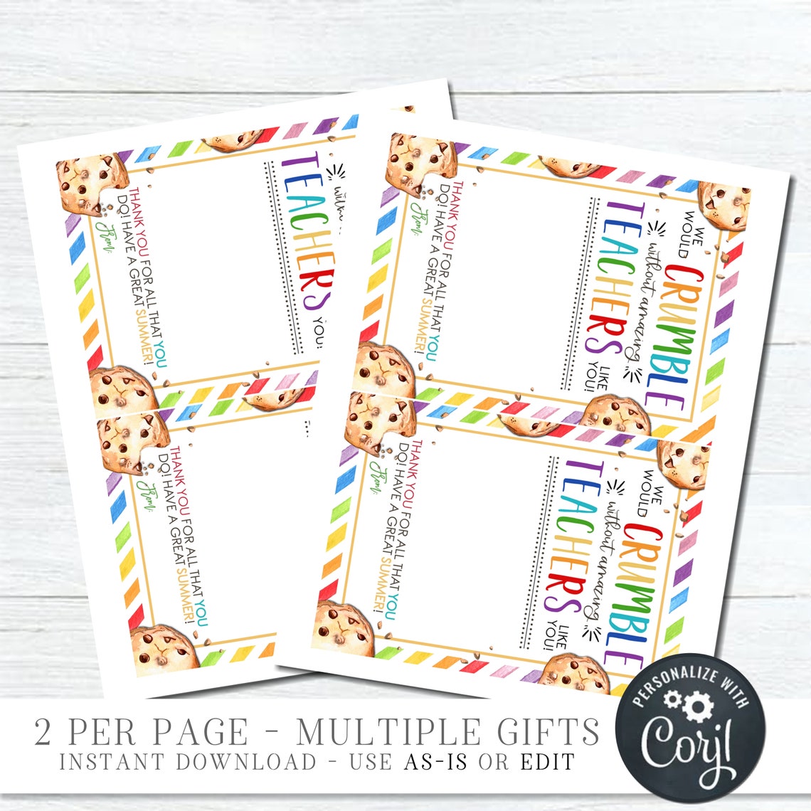 EDITABLE Teacher End of School Gift Card Holder, Cookie Crumble Teacher ...