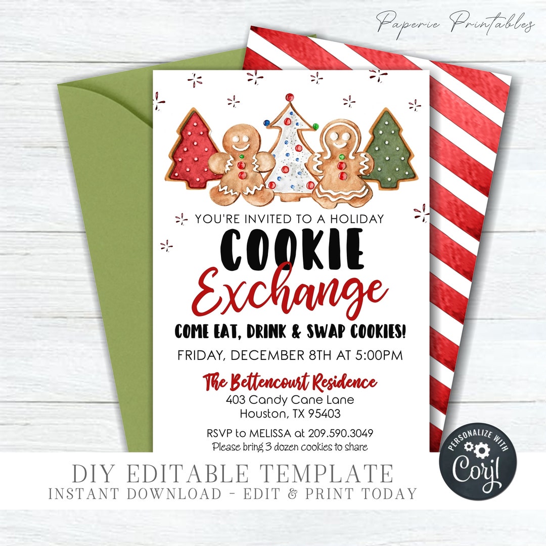 Editable Christmas Cookie Exchange Invitation: Holiday Party (DIY Corjl ...