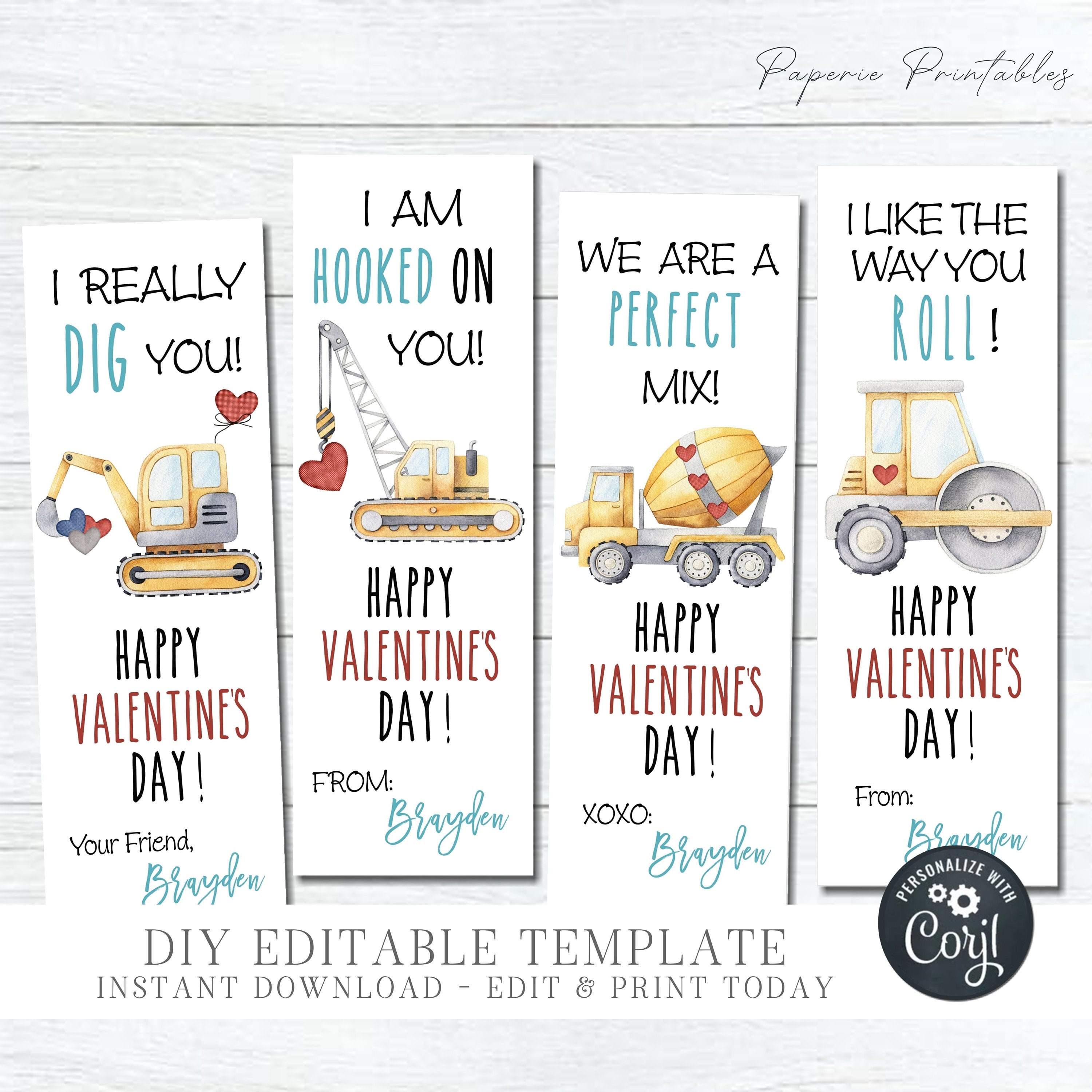 EDITABLE Kids Valentine Bookmarks Construction Valentine | Etsy