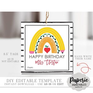 EDITABLE Teacher Birthday Tag, Teacher Rainbow Gift Tag, Happy Birthday ...