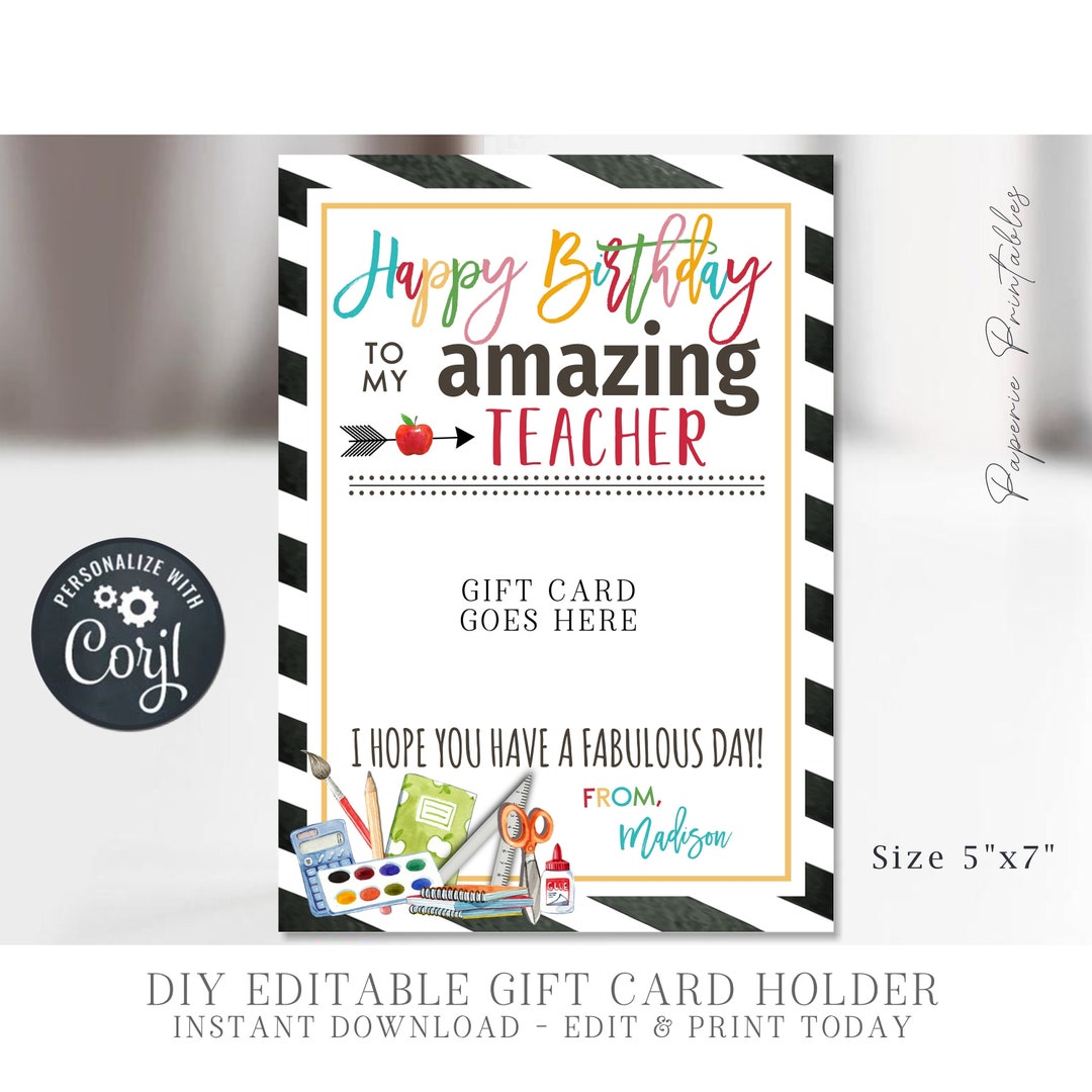 Editable Teacher Birthday Gift Card Holder (DIY Corjl Printable) - Etsy
