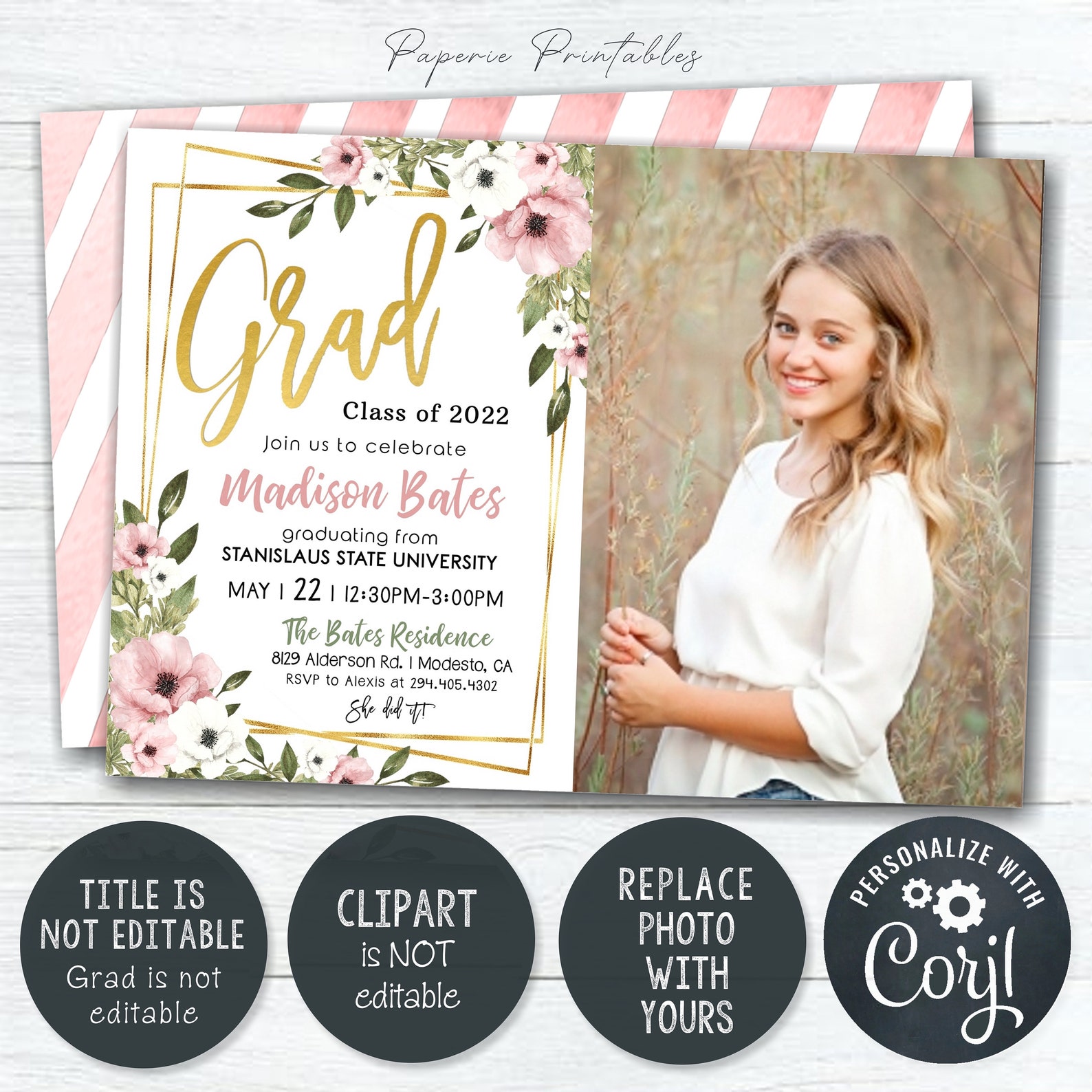 EDITABLE Floral Graduation Invitation Class of 2022 - Etsy