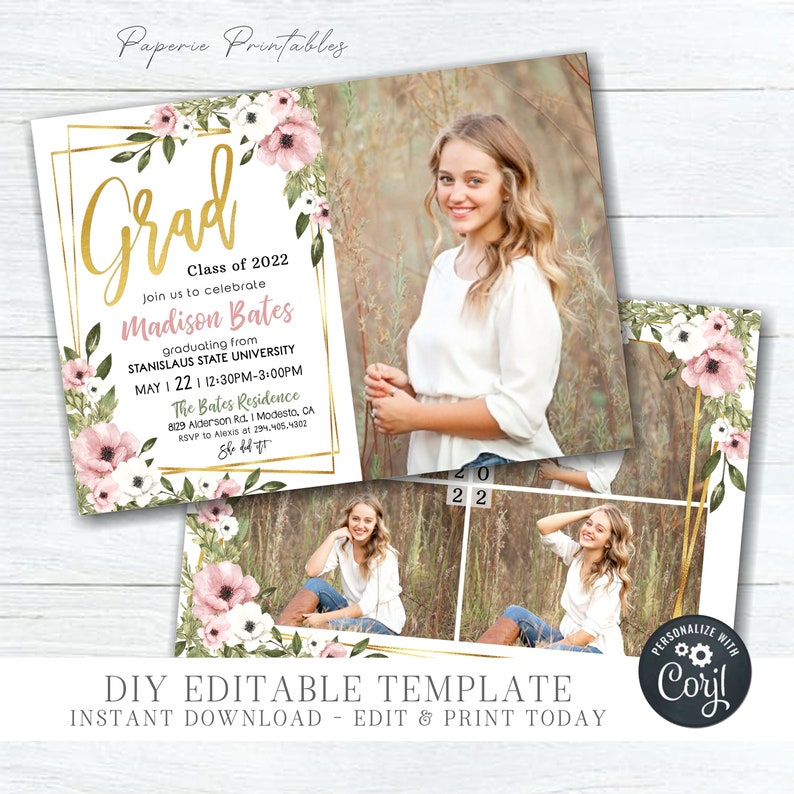 EDITABLE Floral Graduation Invitation Class of 2022 - Etsy