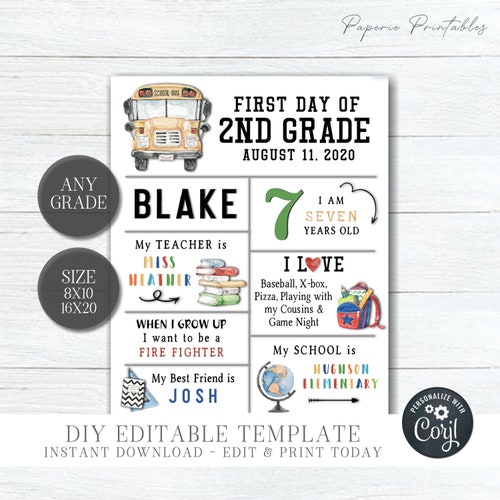 Back to School Kids Printable Sign First Day of School - Etsy