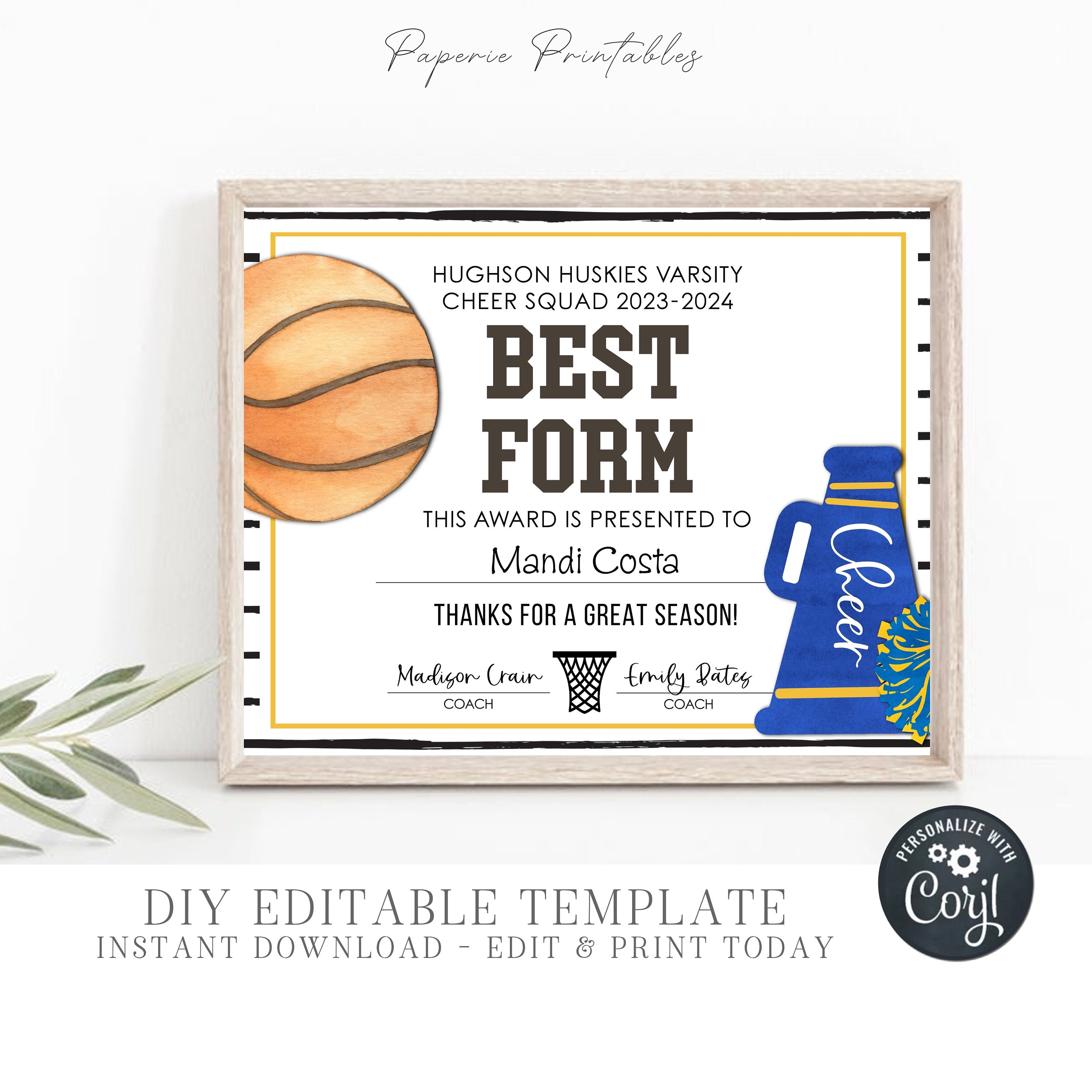 Editable Cheerleading Award Certificate: Blue & Yellow Team (DIY Corjl ...