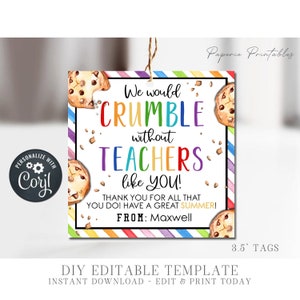 EDITABLE Cookie Teacher Gift Tag, Thank You End of Schoolteacher Tag ...
