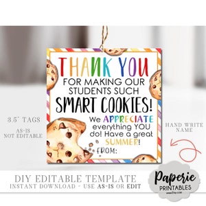 EDITABLE End of School Cookie Teacher Gift Tag, Thank You Teacher ...
