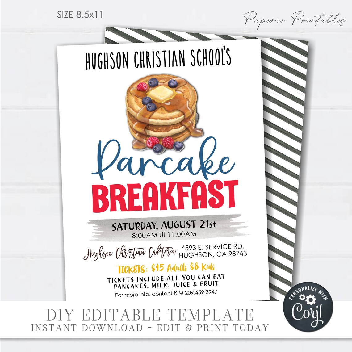 Editable Pancake Breakfast Fundraiser Flyer (digital Printable) #PB02 ...
