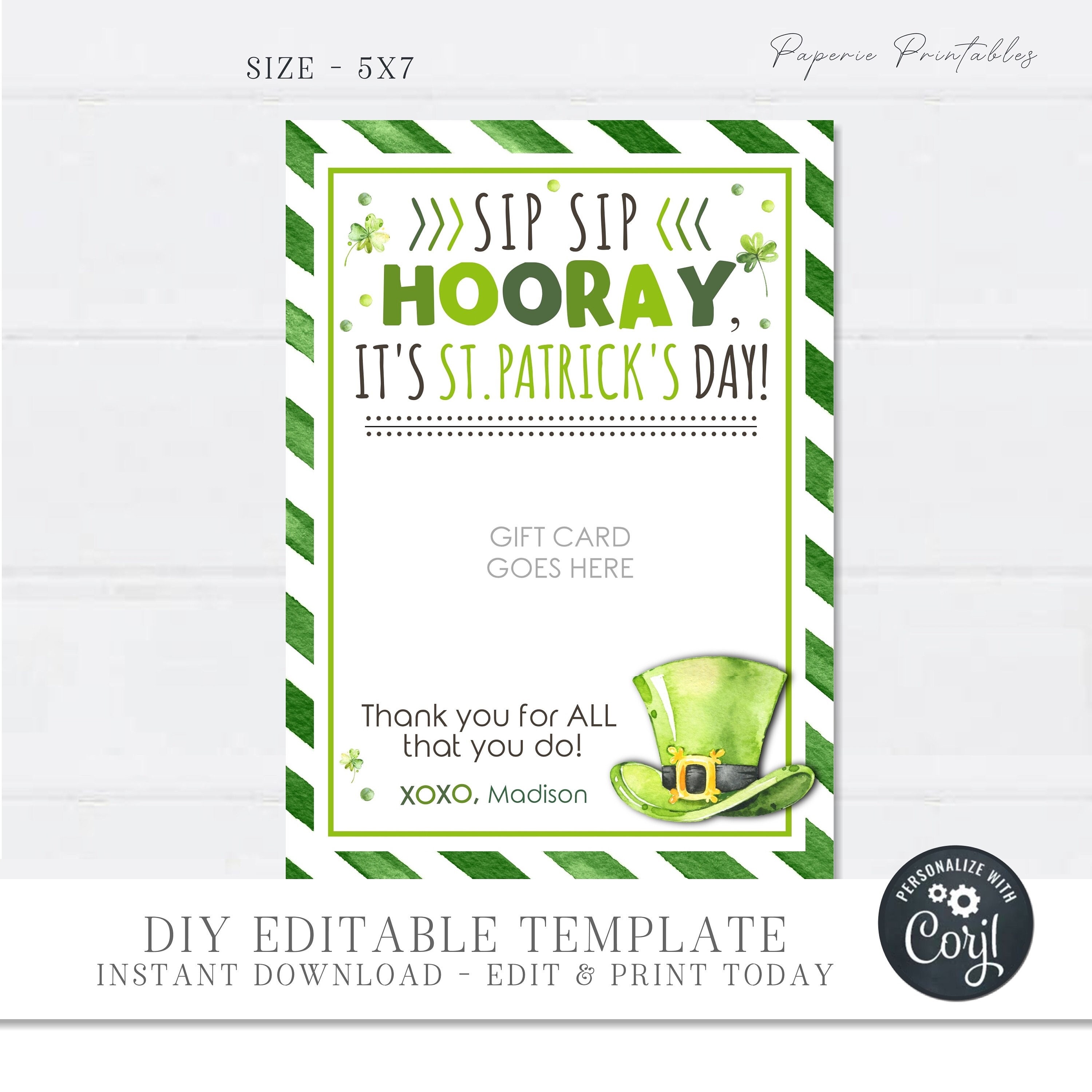 EDITABLE St.patrick's Day Teacher Gift Card Holder Sip - Etsy