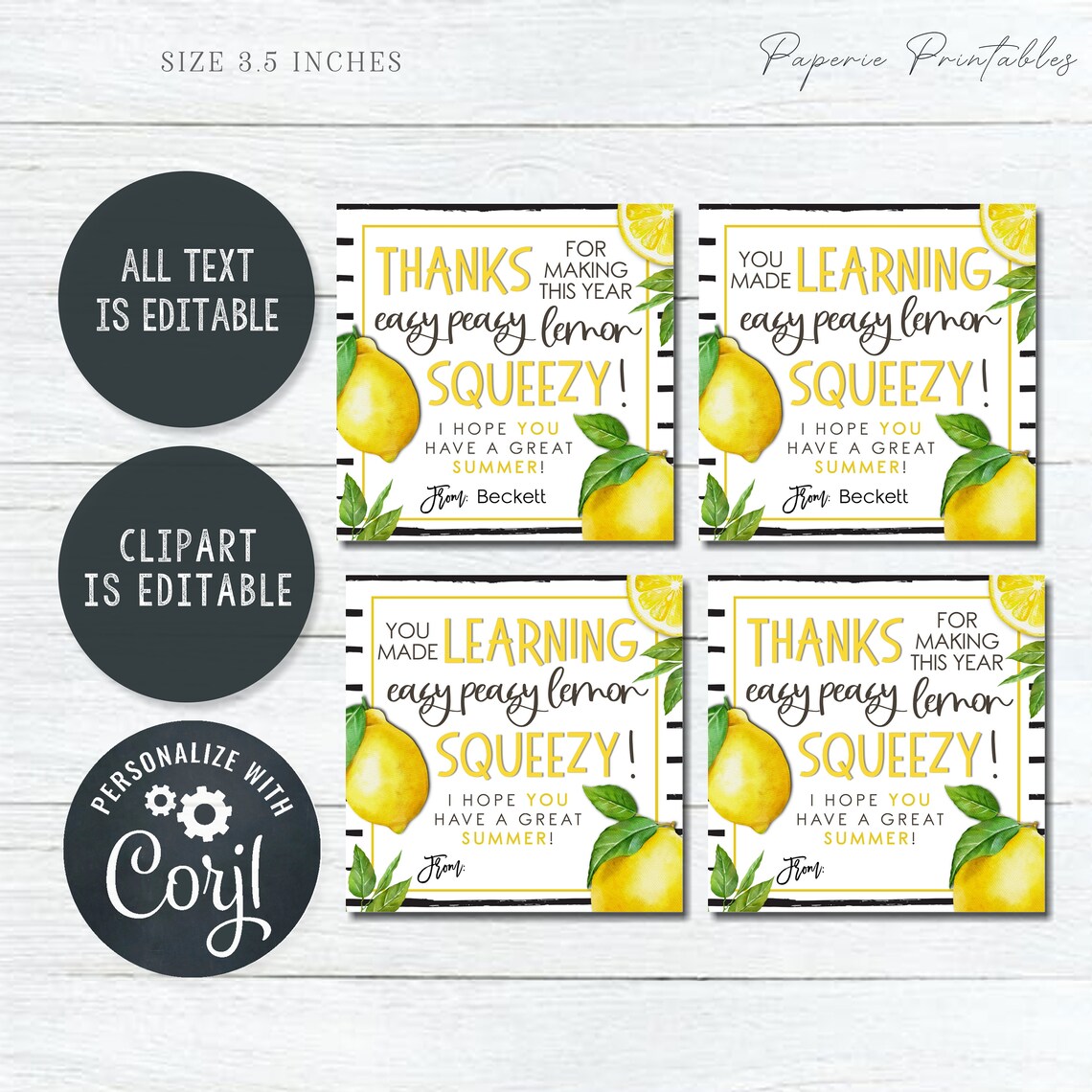 Lemon Teacher Appreciation Gift Tag: Editable Thank You (digital ...