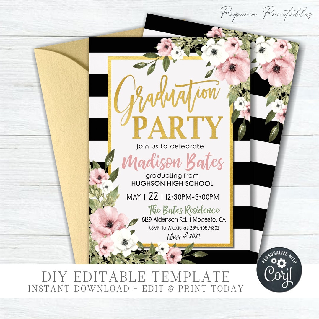 Gold Foil Flower Graduation Party Invitation: Editable Template (DIY ...