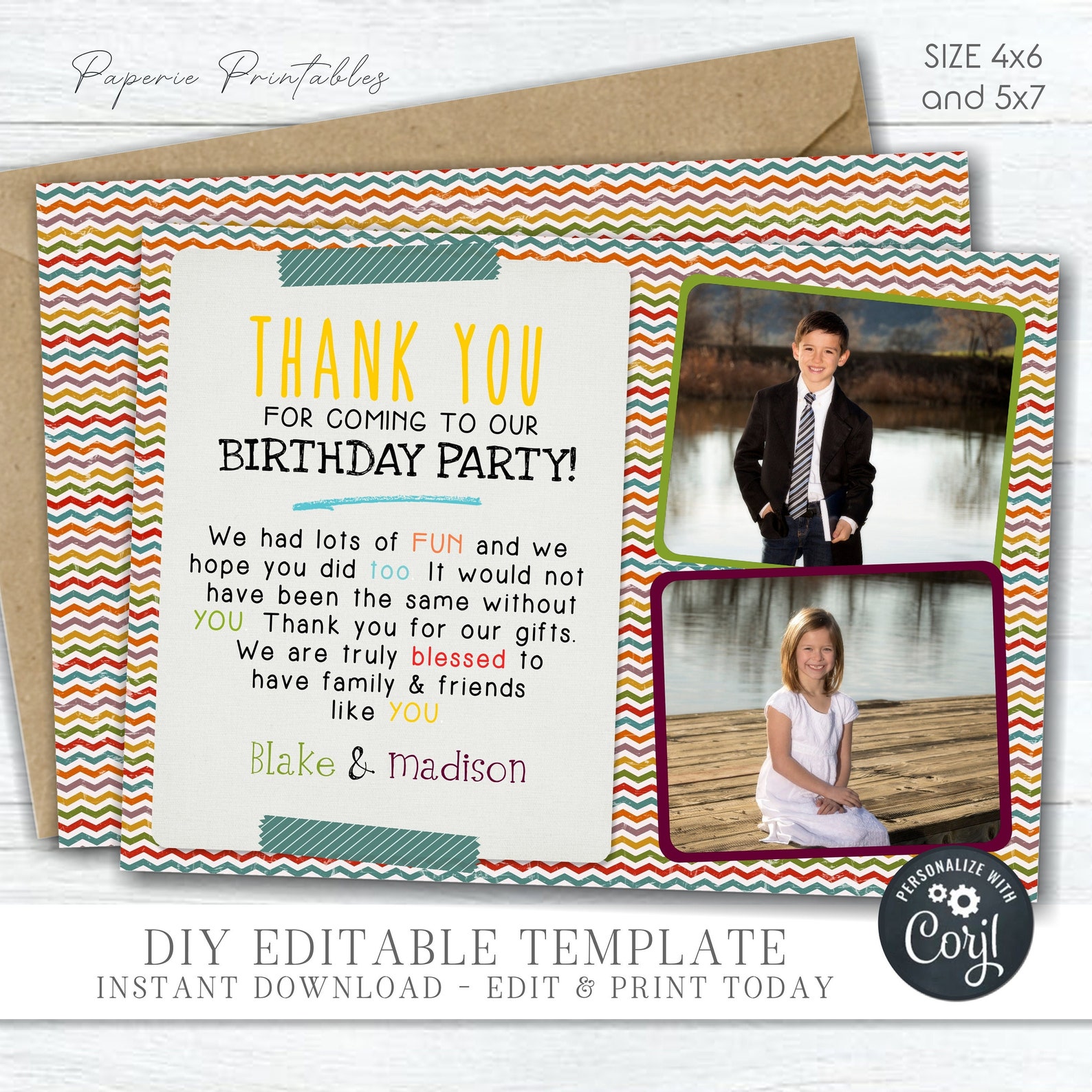 EDITABLE Kids Birthday Thank You Card Colorful Thank You - Etsy