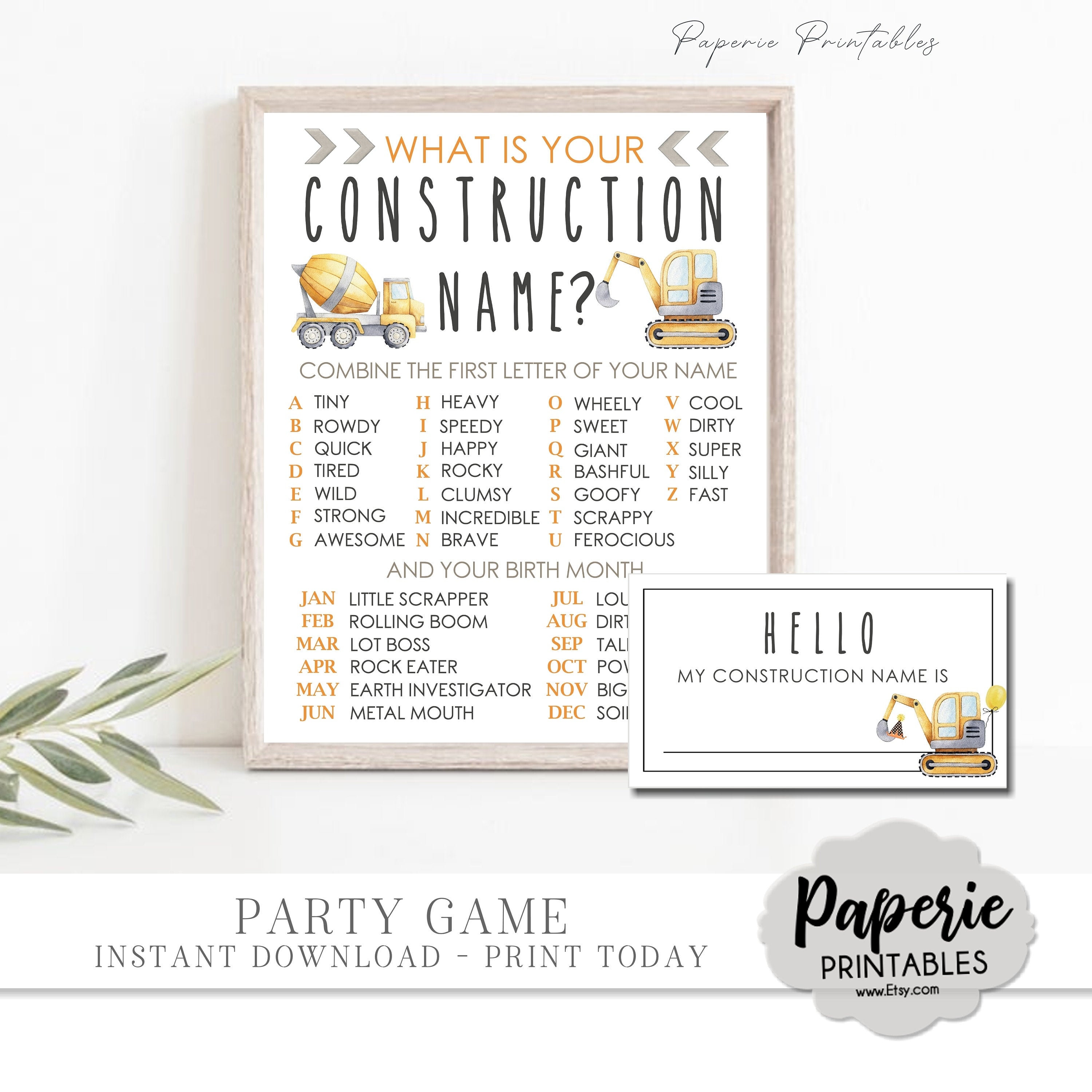 Construction Birthday Party Game: What is Your Construction Name ...