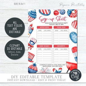 Editable 4th of July Potluck Sign up Sheet (DIY Corjl Template) - Etsy