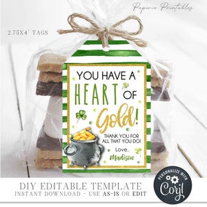Editable St.patrick's Day Gift Tag, You Have a Heart of Gold, St ...