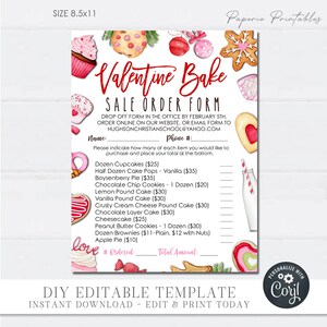 EDITABLE Valentine Bake Sale Order Form, Valentine Bake Order Template ...