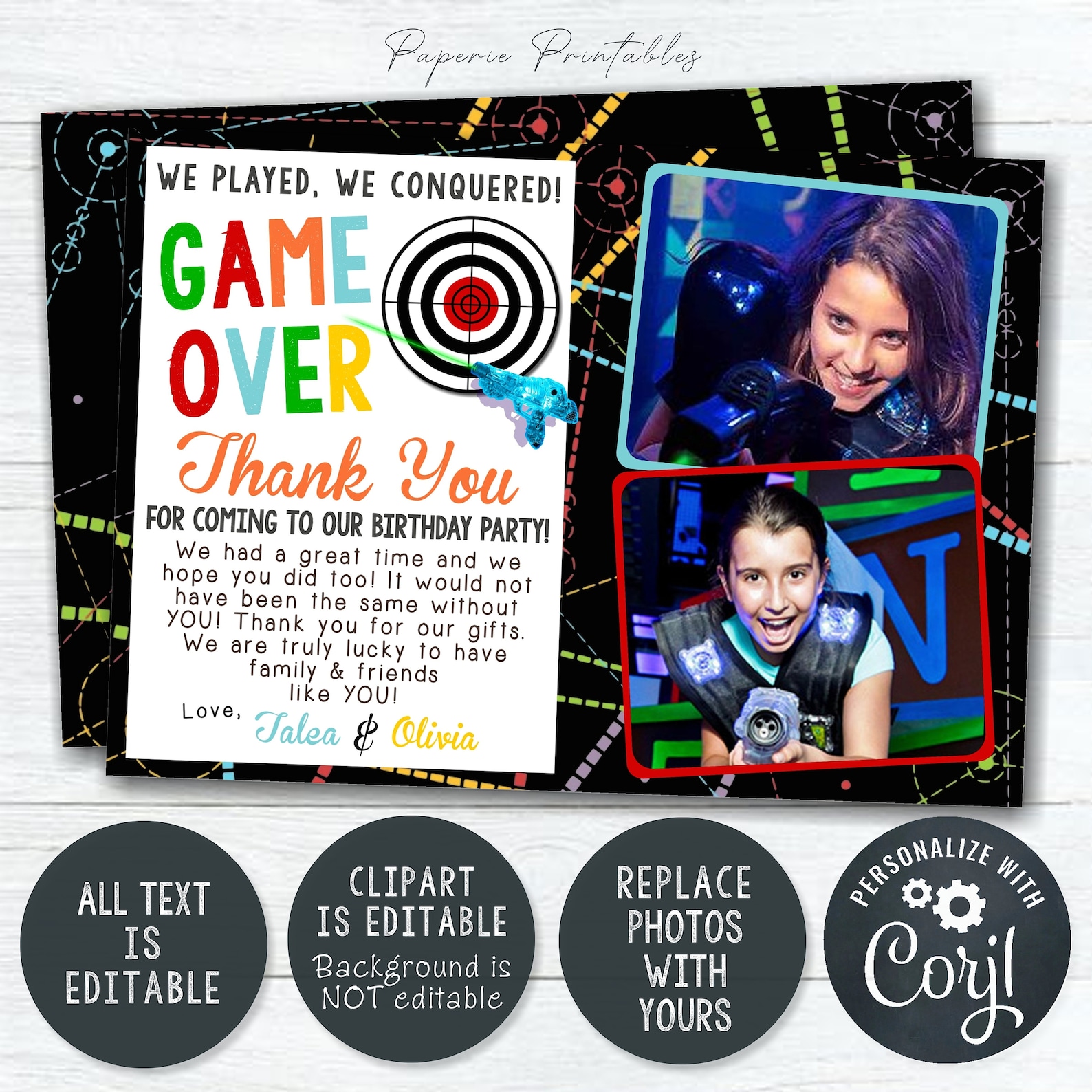 Laser Tag Thank You Card: Editable Birthday Party Thank You Card ...