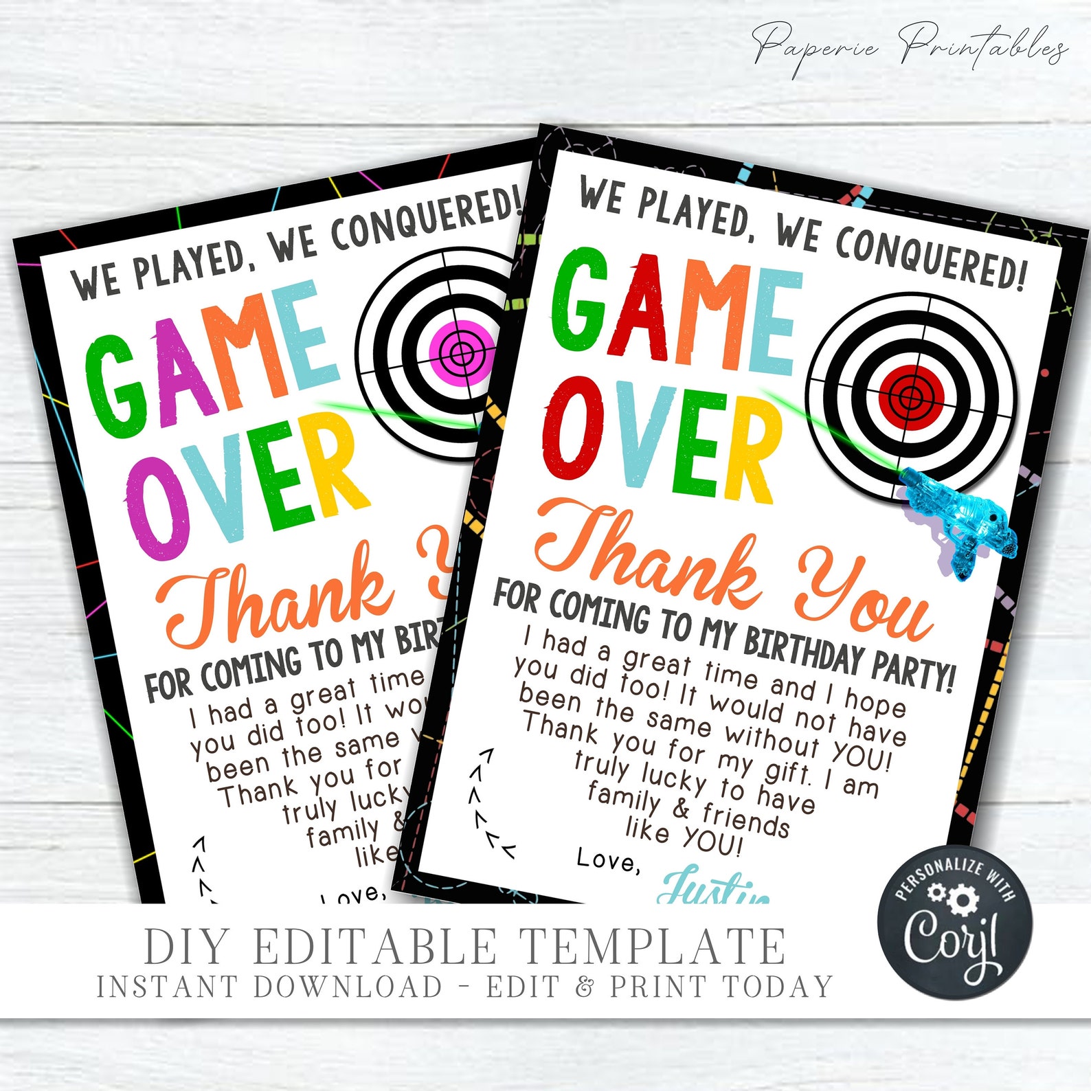 EDITABLE Laser Tag Thank You Card Laser Tag Birthday Party | Etsy