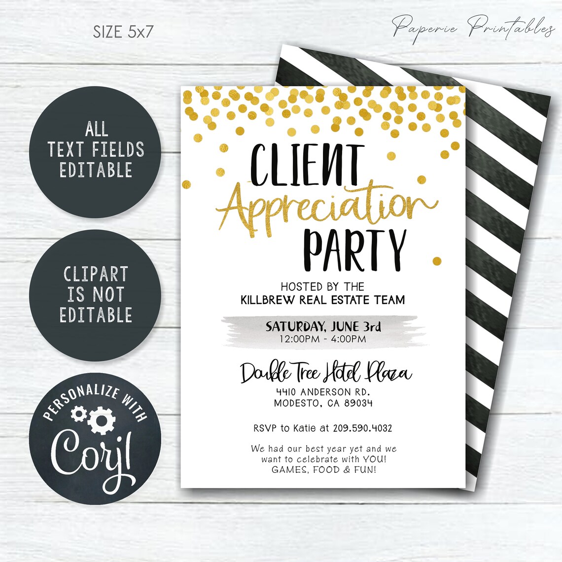 Editable Client Appreciation Party Invitation: Gold Confetti (DIY Corjl ...