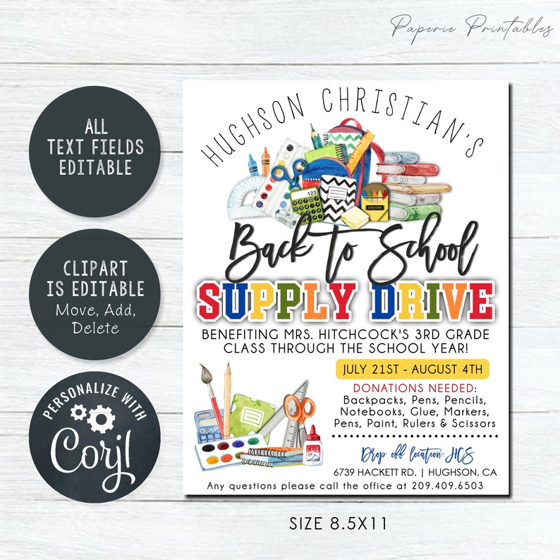 EDITABLE Back to School Supply Drive Flyer School Supply - Etsy