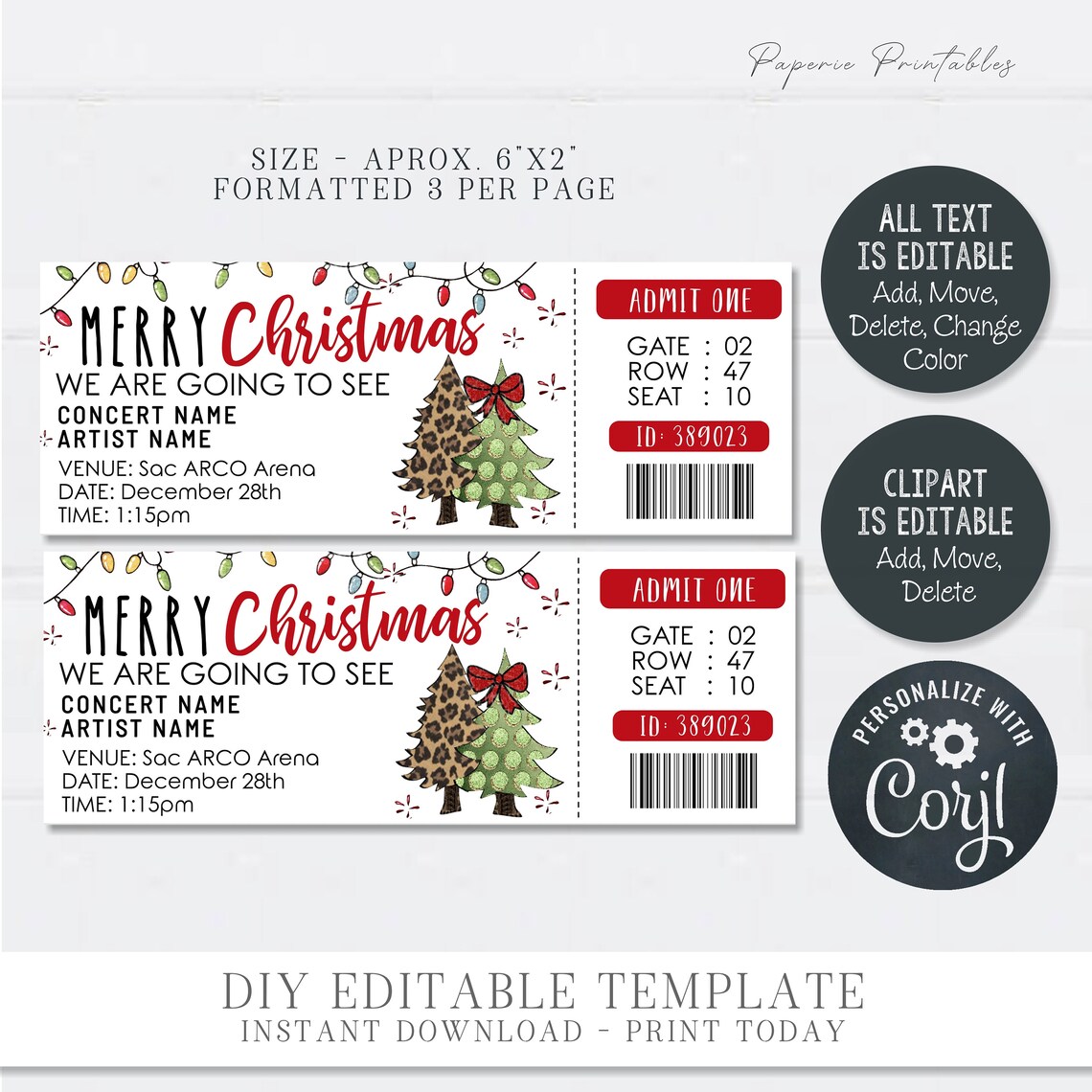 Editable Christmas Concert Ticket: Printable Stocking Stuffer (corjl ...