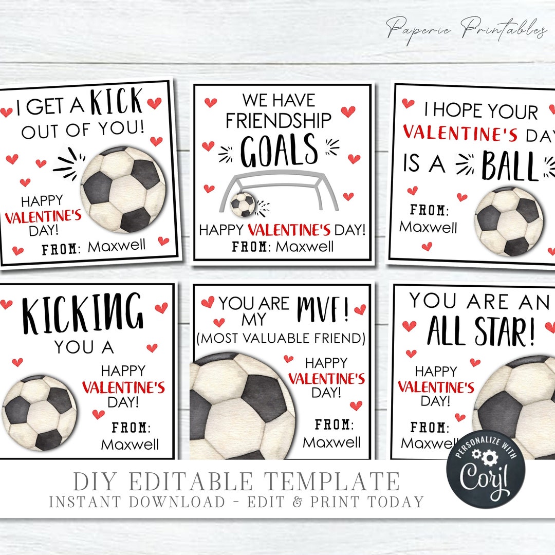 Editable Soccer Valentine Cards: Kids Printable Tags (DIY Corjl) - Etsy