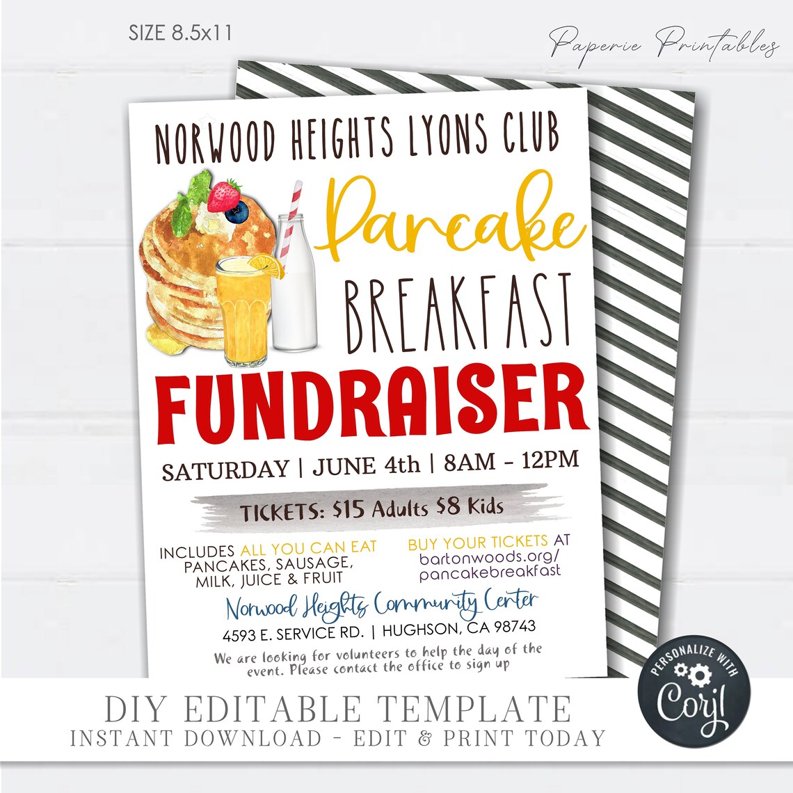 EDITABLE Pancake Breakfast Invitation Pancake Breakfast Flyer - Etsy