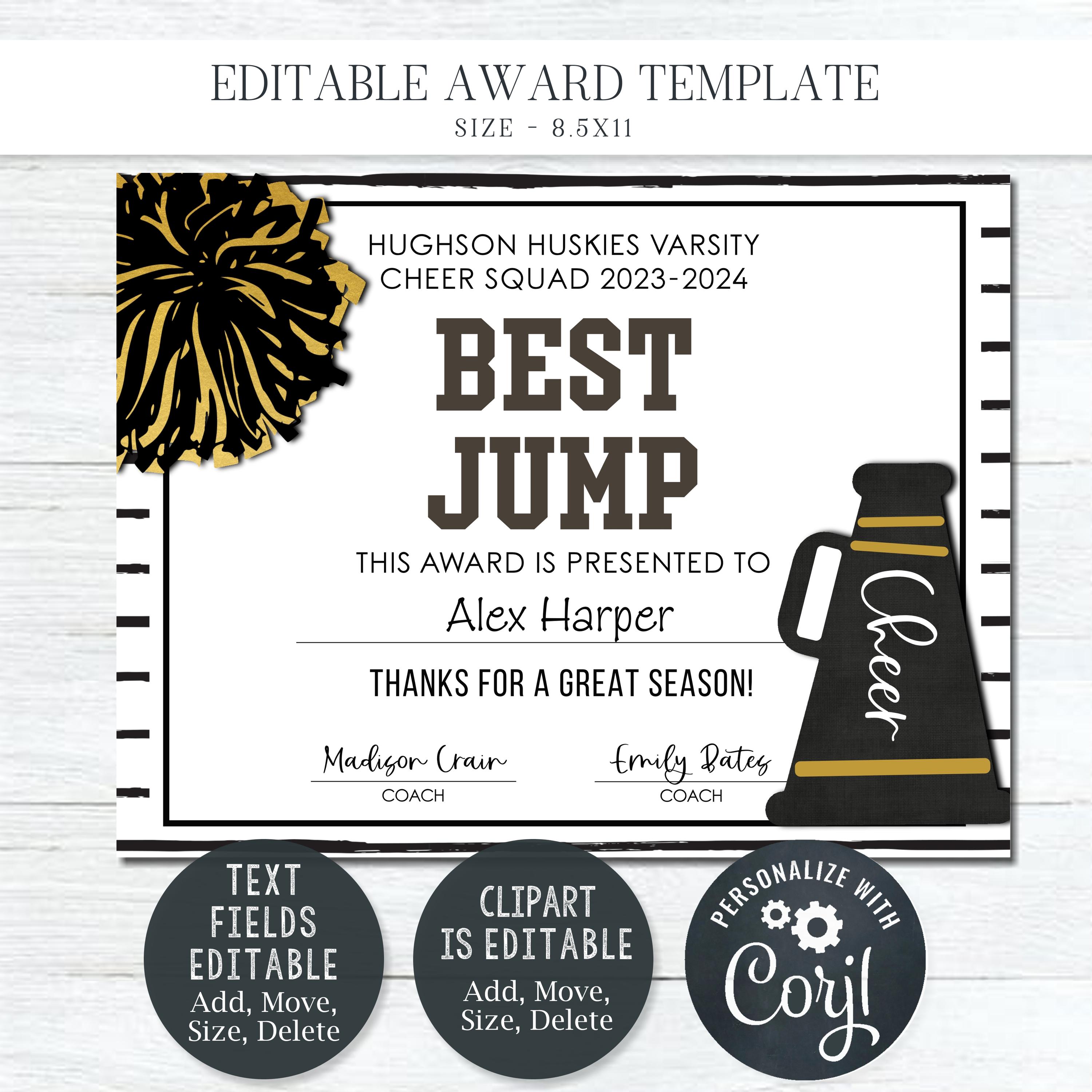 Editable Cheerleading Award Certificate: Black & Gold Team Awards (DIY ...