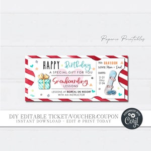 EDITABLE Snowboarding Lessons Gift Voucher, Birthday Gift Coupon ...