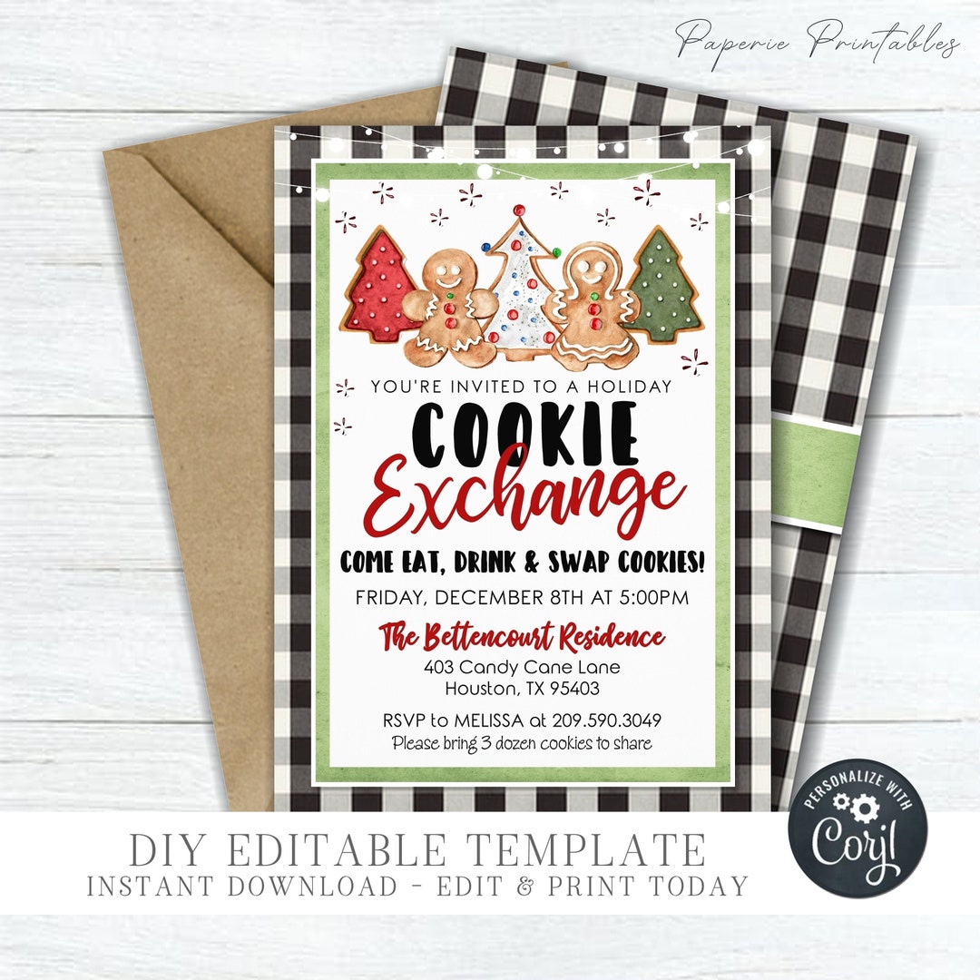 Editable Holiday Cookie Exchange Invitation: Buffalo Plaid (DIY Corjl ...
