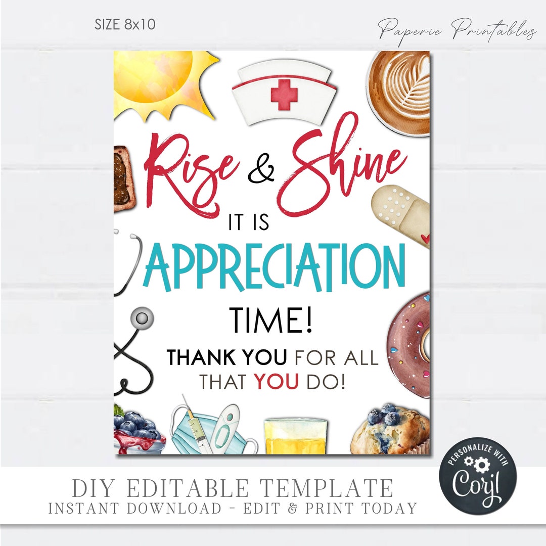 Editable Nurse Appreciation Sign: Rise and Shine Breakfast Theme ...