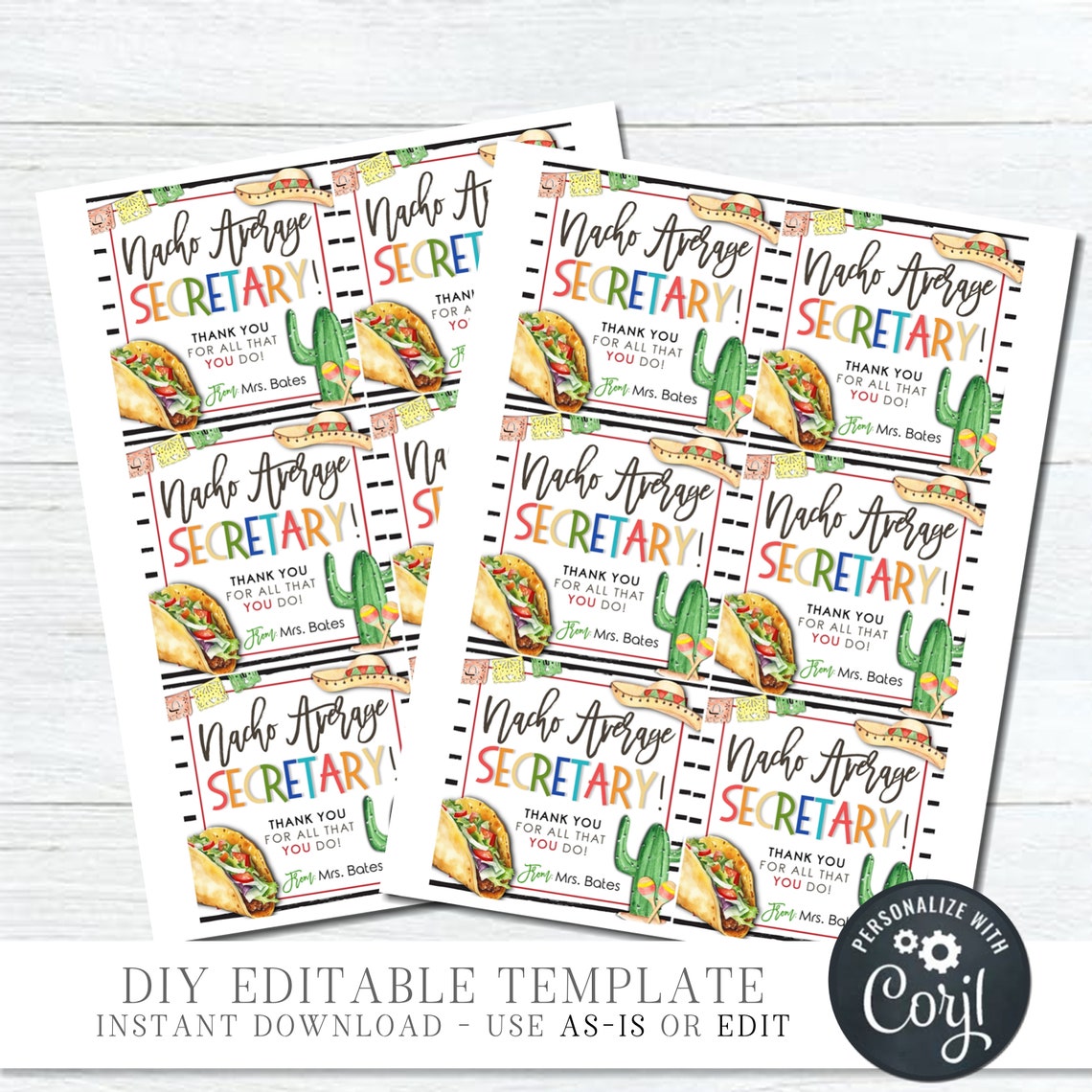 Editable Nacho Average Secretary Gift Tag: Appreciation Week (DIY Corjl ...