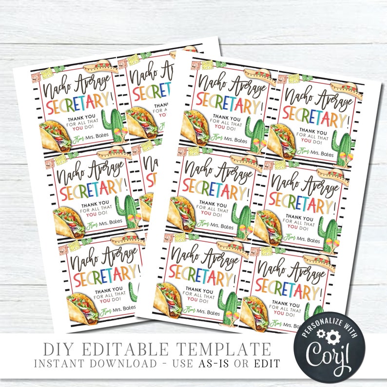 Editable Nacho Average Secretary Gift Tag: Appreciation Week (DIY Corjl ...