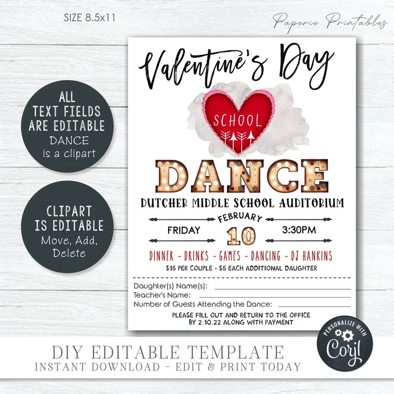 EDITABLE Valentine's Day School Dance Flyer - Etsy