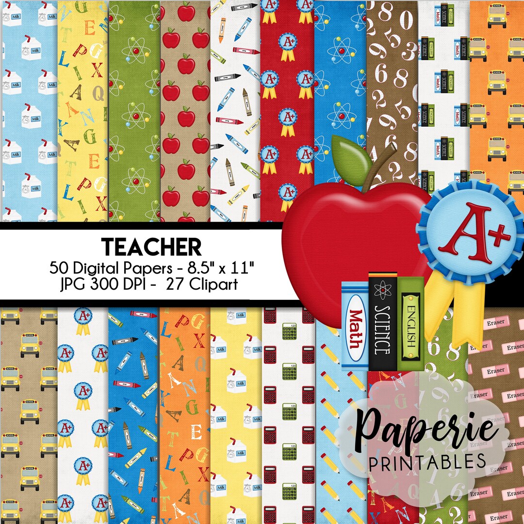 Teacher Digital Paper - 8.5"x11" Digital Scrapbooking Paper - 50 Papers ...