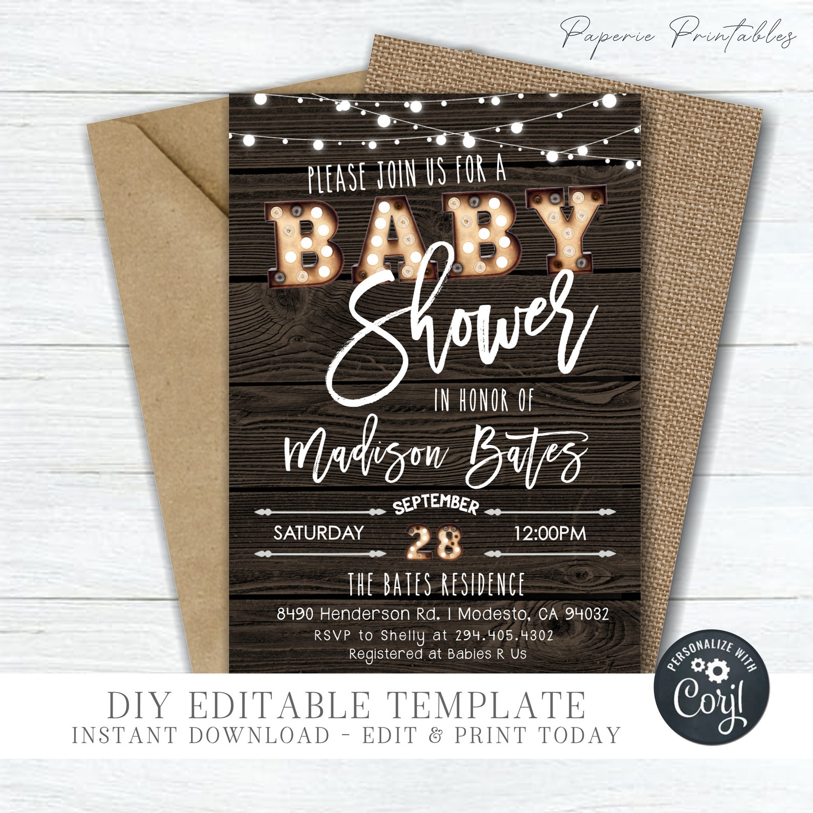 EDITABLE Rustic Baby Shower Invitation Country Baby Shower - Etsy