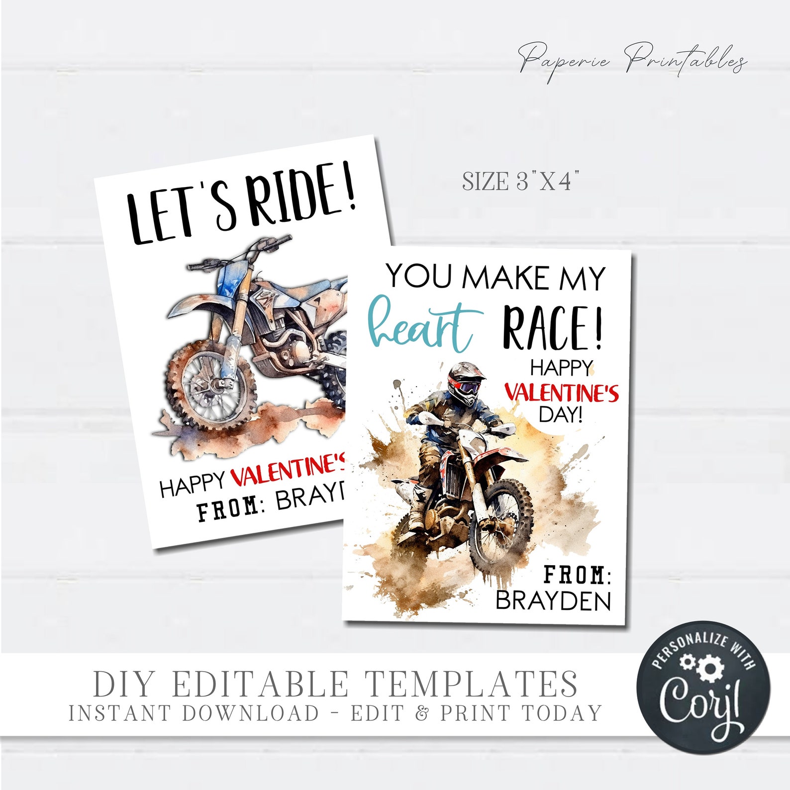 Editable Dirt Bike Valentine Cards: Printable School Tags (DIY Corjl ...