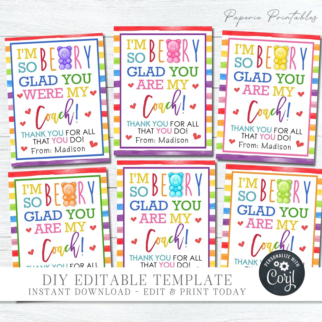Editable Gummy Bear Coach Gift Tag: Appreciation Thank You (corjl ...