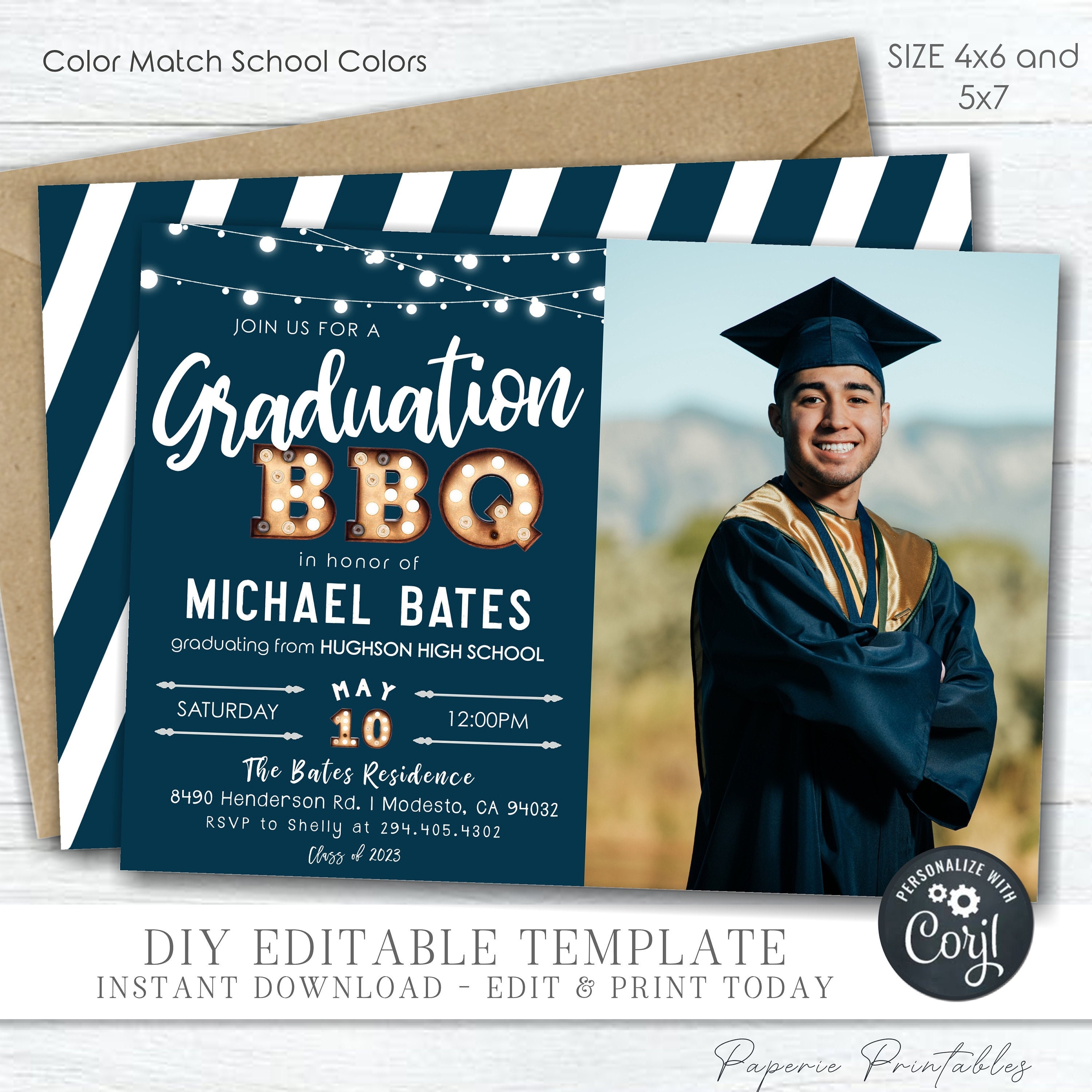 Editable Graduation BBQ Invitation Template: Photo Option (digital ...