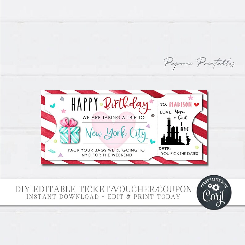 EDITABLE NYC Trip Gift Voucher Birthday Gift Coupon New York - Etsy