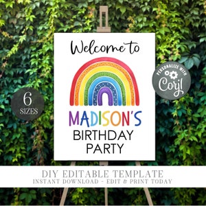 Editable Rainbow Birthday Welcome Sign, Rainbow Party Decoration ...