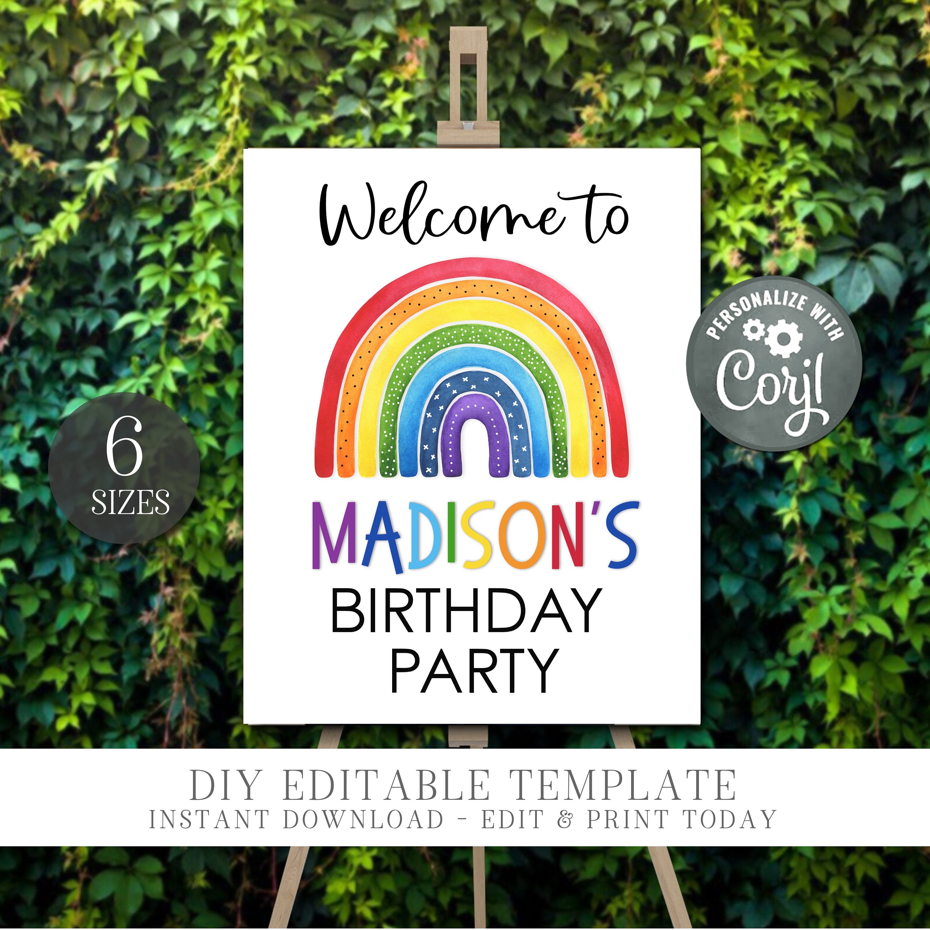 Editable Rainbow Birthday Welcome Sign: DIY Party Decor (corjl) #BP161 ...