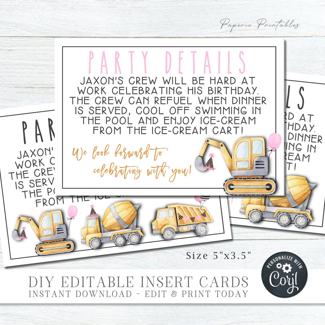 Girl Construction Birthday Insert Cards: Editable Details Template (DIY ...