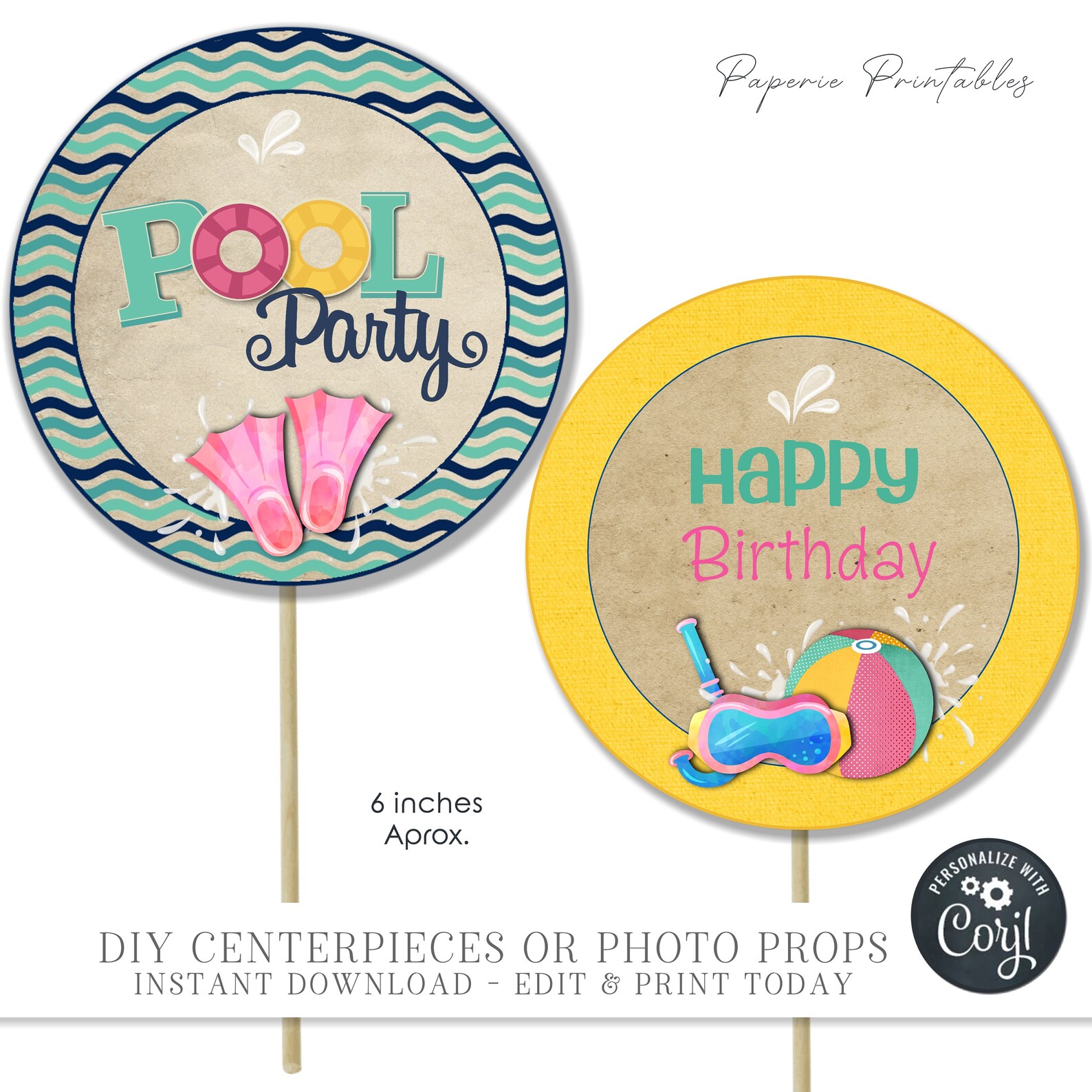 Editable Pool Party Centerpieces: DIY Photo Props (digital Download) # ...