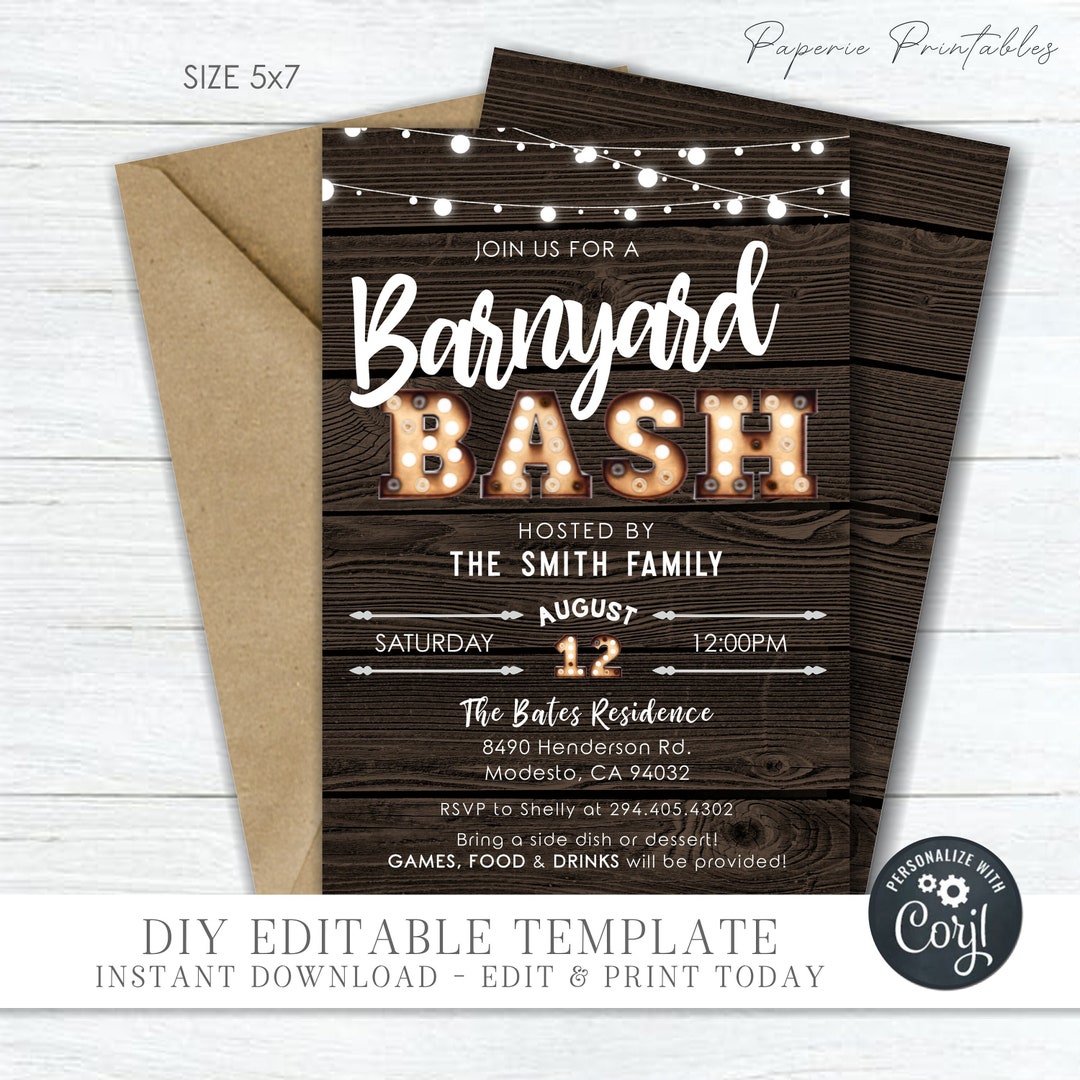 Editable Barnyard Bash Invitation, Family Barbeque, Backyard BBQ ...