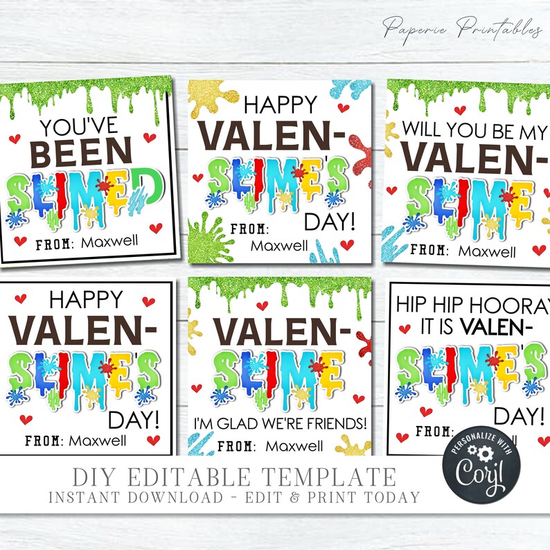 Editable Slime Valentine Cards: Printable Kids Valentines (DIY Corjl ...
