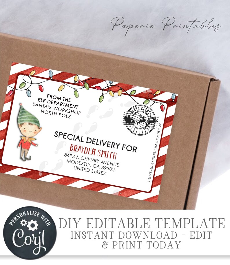 EDITABLE Santa Mailing Label Elf Mail Gift Sticker Label Elf - Etsy